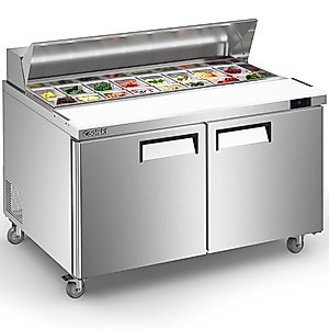 Coolski 60’’ W 2 Door Commercial Refrigerator, Refrigerated Sandwich Salad Prep Table with 16 Pans/Mega Top/Cutting Board, 18 Cu.Ft. Large Capacity Stainless Steel ETL NSF Approved