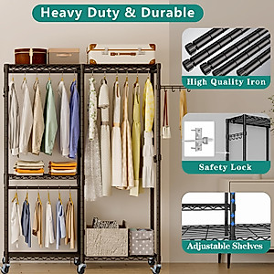 Exglobol Rolling Clothes Rack, Heavy Duty Garment Rack for Hanging Clothes, Wire Adjustable Rolling Clothing Rack with Lockable Wheels & 2 Hanger Rods