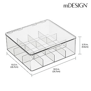 mDesign Plastic Tea Bag Divided Storage Organizer Container Box with Hinge Lid for Kitchen Cabinet, Countertop, Pantry, Hold Coffee Pods, Seasoning Packets, Condiments, 8 Sections, Clear