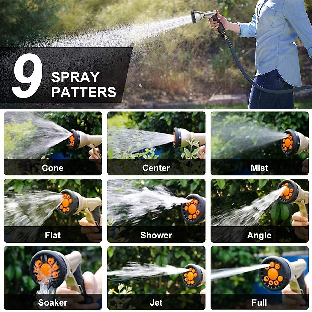 Garden Hose Nozzles 9 Adjustable Patterns Hose Spray Nozzle Heavy Duty Metal Hose Nozzle Spray Gun Slip Resistant Water Sprayer for Cleaning/Watering Lawn Garden/Pets Shower/Car Washing