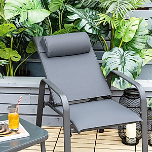 Tangkula 3 Piece Outdoor Bistro Set, Patio Stackable Chairs with Adjustable & Folding Backrest, Removable Headrest and Tempered Glass Coffee Table Set, Patio Conversation Set with Steel Frame (Grey)