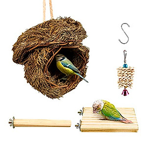 Hummingbird Bird Nest, Handwoven Straw Grass Hanging Bird Hut Grass Woven Parakeet Breeding Cave Cozy Resting Place Sparrow House for Cockatiel Parrots Parakeet Conures Finch (H02)