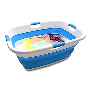 SAMMART 49L(12.9 gallon) Collapsible 4 Handled Laundry Basket-Foldable Storage Container-Portable Washing Bin-Space Saving-Pet Bath Tub,Water capacity 37L(9.7 gallon) (2 pcs - Rectangular, Sky Blue)