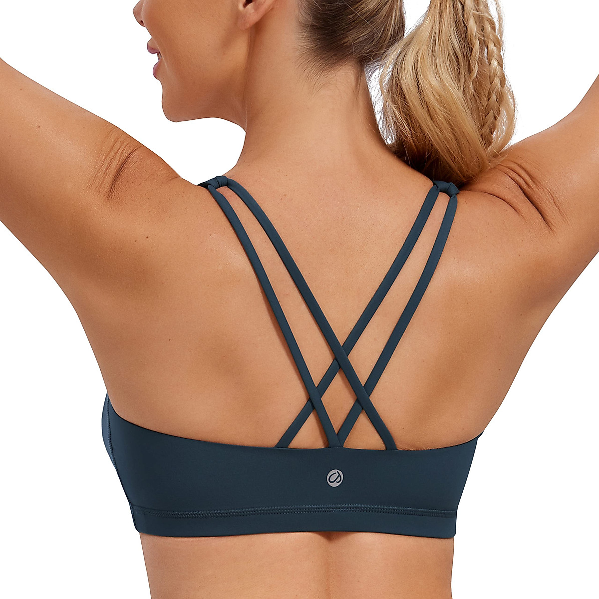 CRZ YOGA Women's Low Impact Strappy Sports Bra - Low Cut Wirefree Padded Yoga Bra Criss Cross Back True Navy Medium