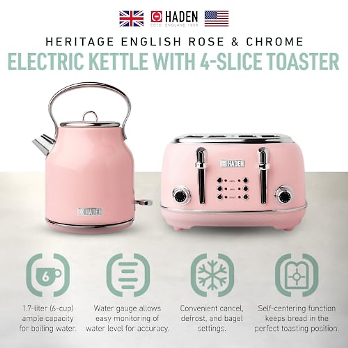 Haden Heritage 1.7 Liter Stainless Steel Electric Water Kettle Bundled with 4 Slice Wide Slot Stainless Steel Toaster, English Rose