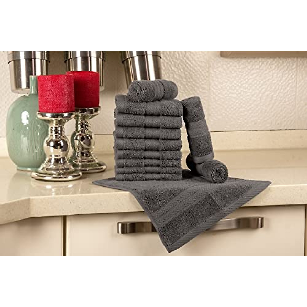AKTI Premium Cotton Wash Cloths, 12 Piece Set, 12x12 Inches, 580 GMS, Durable, Quick Dry & Extra Absorbent Cleaning Cloth for Home, Spa, Hotel, Bathroom & Kitchen – Medium Grey Washcloths