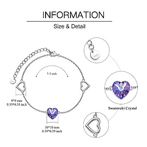 Amethyst Bracelet Sterling Silver Heart Purple Crystal Bracelet for Women,7+2 inch