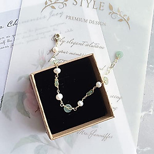 LOOYUUPEE 14K Gold Plated Natural Jade & Pearls Bracelets for Women, Natural Freshwater Pearls Jade Bracelets for Women, Lucky Green Jade Jewelry Chain for Mom Lover Her (14K Gold Plated)