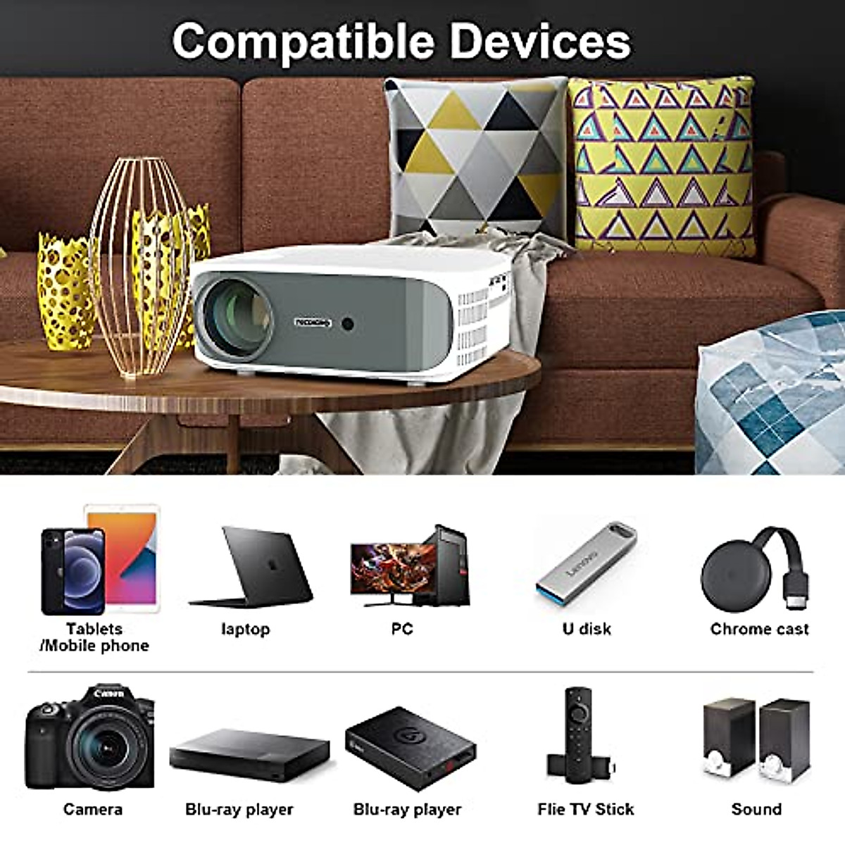 5G WiFi Bluetooth Projector,Home Theater Video Projector 4K Projector ±50° Support 4D Keystone Correction, Native 1080P Full HD Outdoor Movies Projector, Compatible with TV Stick, iOS, Android, PS5