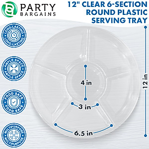 PARTY BARGAINS 12" Round Plastic Serving Tray, 6-Sections, Clear, Pack of 4