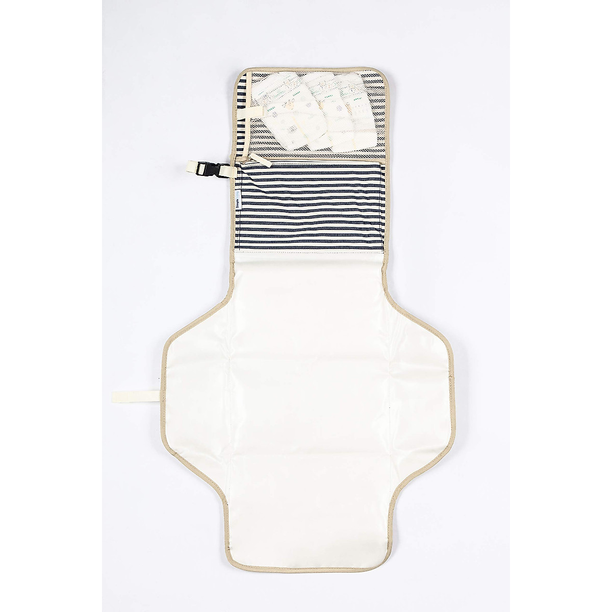 Simple Being Portable Changing Pad, Travel Diaper Canvas Clutch Mat, Diaper Bag Essential with Storage Pockets for Wipes and a Supportive Foam Head Pillow Padding (Navy Stripe)