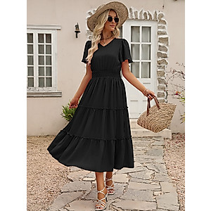 LILLUSORY Womens Cute Pleated Cotton Fancy Midi Dresses 2023 Summer Little Black Ladies Elegant Linen Curvy Short Ruffle Sleeves Flowy Tiered Long Maxi Dress