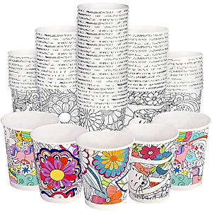 100 Pieces 9 oz Color Your Own Cups Kids Party Paintable Paper Cups Disposable Colorable Designs Activities Crafts DIY Party Supplies Floral Coffee Cup Tea Beverage Drinking Office Home Event