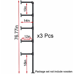 (77"Tall,14"Deep,3pcs) Industrial Retro Wall Mount Iron Pipe Shelf,DIY Open Bookshelf,Hung Bracket,Home Improvement Kitchen Shelves,Tool Utility Shelves, Office Shelves, pipe shelving