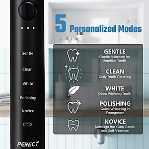PERECT Sonic Electric Toothbrush for Adults, Rechargeable Sonic Electric Toothbrush with 6 Brush Heads, 1 Charge for 90 Days,IPX7 Waterproof 5 Modes 3 Intensities, Smart Timer, Black