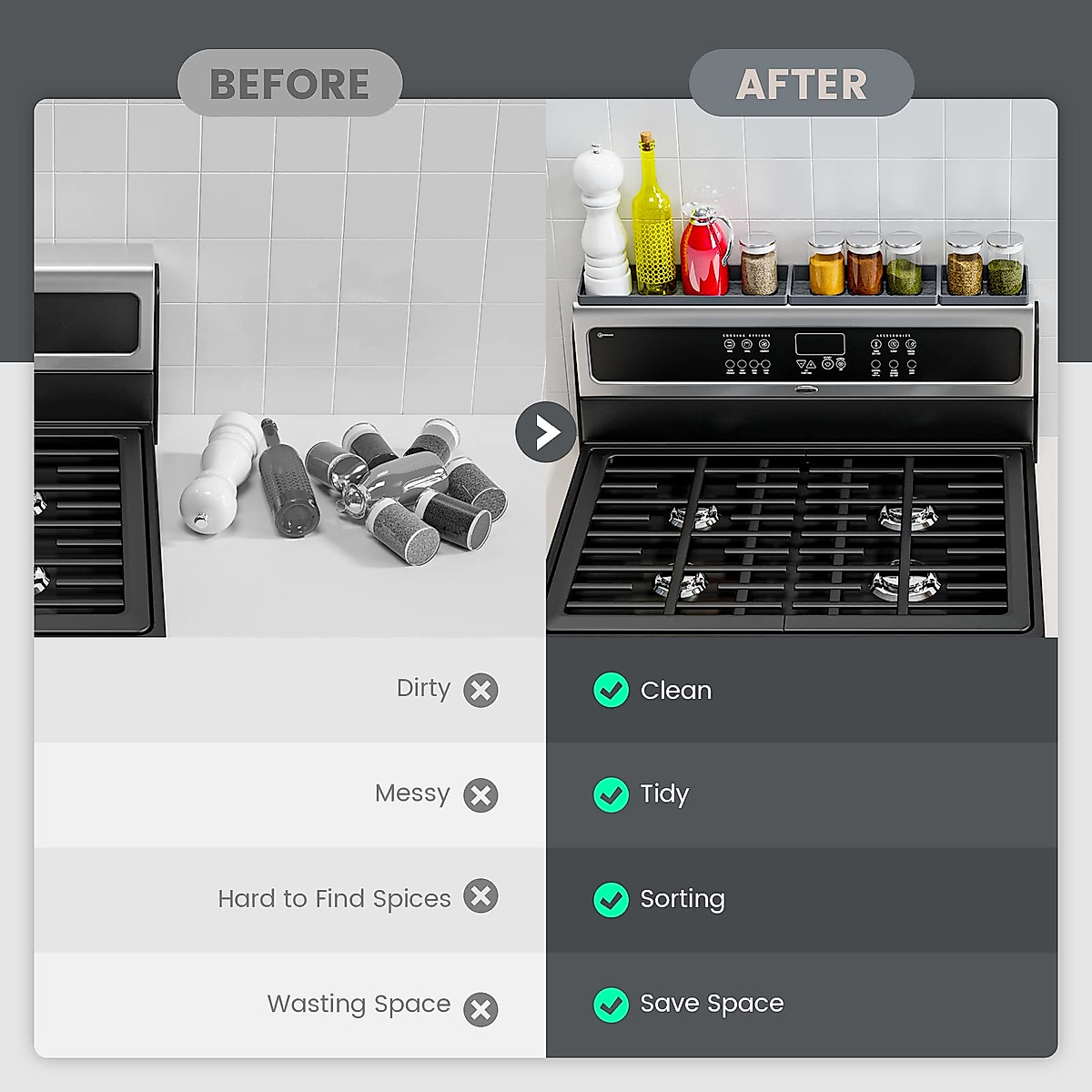 Silicone Magnetic Stove Top Shelf 30", Magnetic Shelf for Kitchen Stove Easy to Install, Stove Magnetic Shelf for Kitchen Stove,Over the Stove Top Shelf with 3 Functional Partitions -DARK GRAY