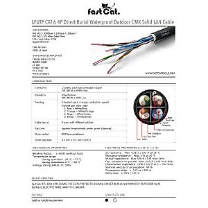 fast Cat. Cat6 Direct Burial Outdoor Ethernet Cable 1000ft - Waterproof Cat6 Cable with 23AWG Solid Copper Conductors - CMX, UTP 550MHz, PoE++ (4PPoE), ETL & UL Listed, Bulk Ethernet Cable (Black)