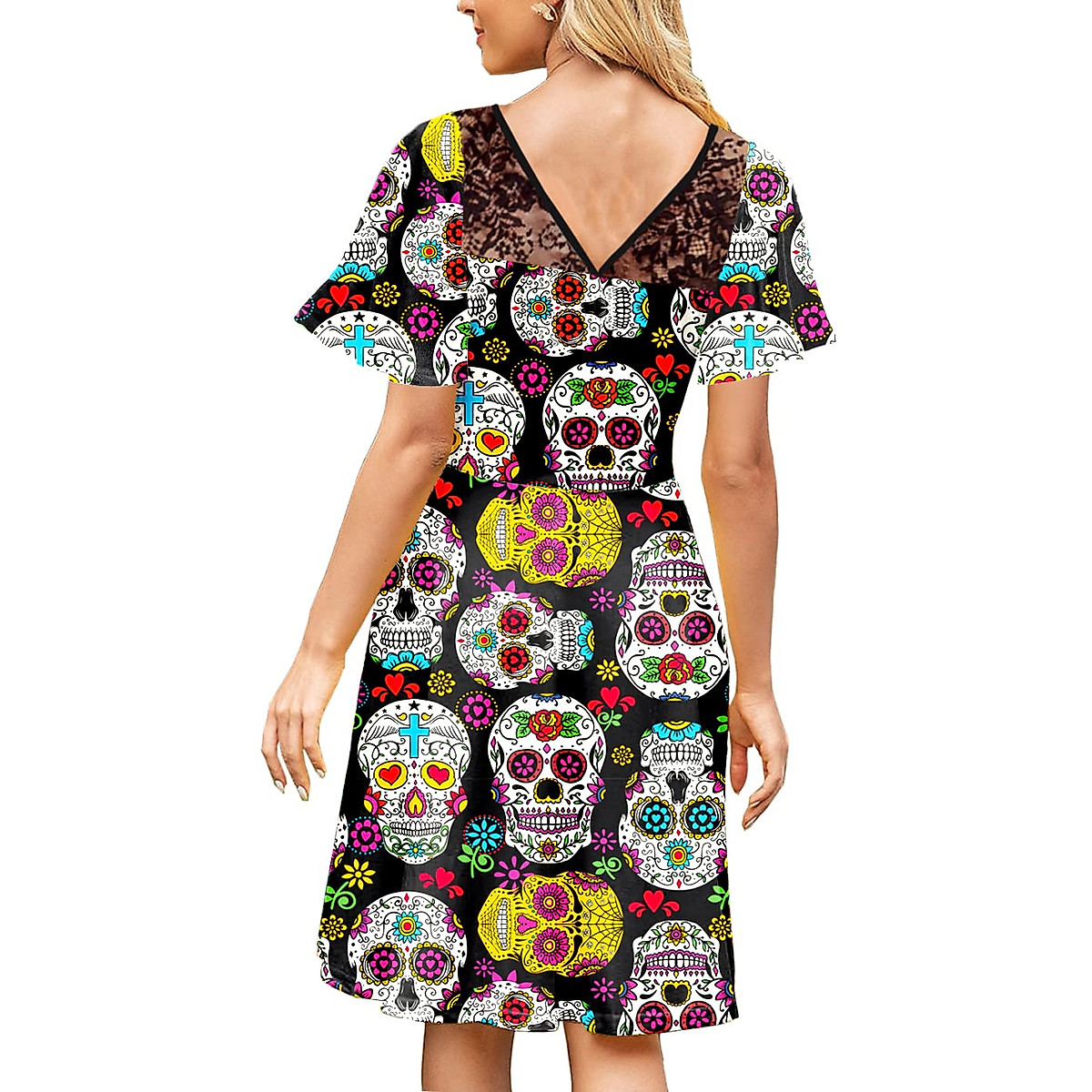 Women's Halloween Dress Day of The Dead Swing Dresses Retro Lace Rockabilly Fit Flare Dress XL