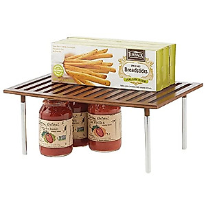 mDesign Natural Bamboo Slated Storage Shelf with Steel Legs - Food and Kitchen Organizer for Cabinets, Pantry Shelves, Countertops, Stackable - Brown