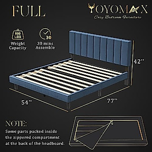 yoyomax Full Size Upholstered Bed Frame Platform with Linen Fabric Headboard and Strong Wooden Slats Support, Non-Slip & Noise-Free, Easy Assembly, No Box Spring Needed, Blue