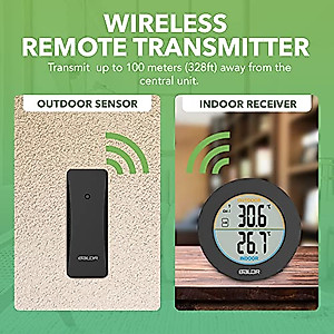 BALDR Wireless Indoor/Outdoor Thermometer - Surface or Wall Mounted Temperature Monitor, 2.5” LCD Display Thermometer with Min/Max Records & Trend Arrows Sign - Portable Home Weather Station (Black)
