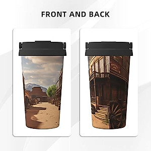 GTKSYNVE Reusable Coffee Mug with Lid and Handle, Old Wild West Cowboy Town Tumbler for Hot & Cold Drinks 16oz Stainless Steel Insulated Coffee Tumblers Double Wall Vacuum Thermal Cup