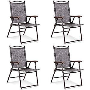 Giantex Set of 4 Folding Sling Back Chairs Indoor Outdoor Camping Chairs Garden Patio Pool Beach Yard Lounge Chairs w/Armrest (Gray)