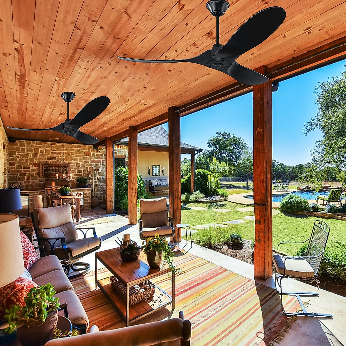 XCWIIE Modern Ceiling Fan No Light 60" Outdoor Ceiling Fans Black Ceiling Fan, Retro Wood Ceiling Fans, DC Motor, for Restaurant Living Room Bedroom Inverter Silent Fan with Remote Timing ​Function