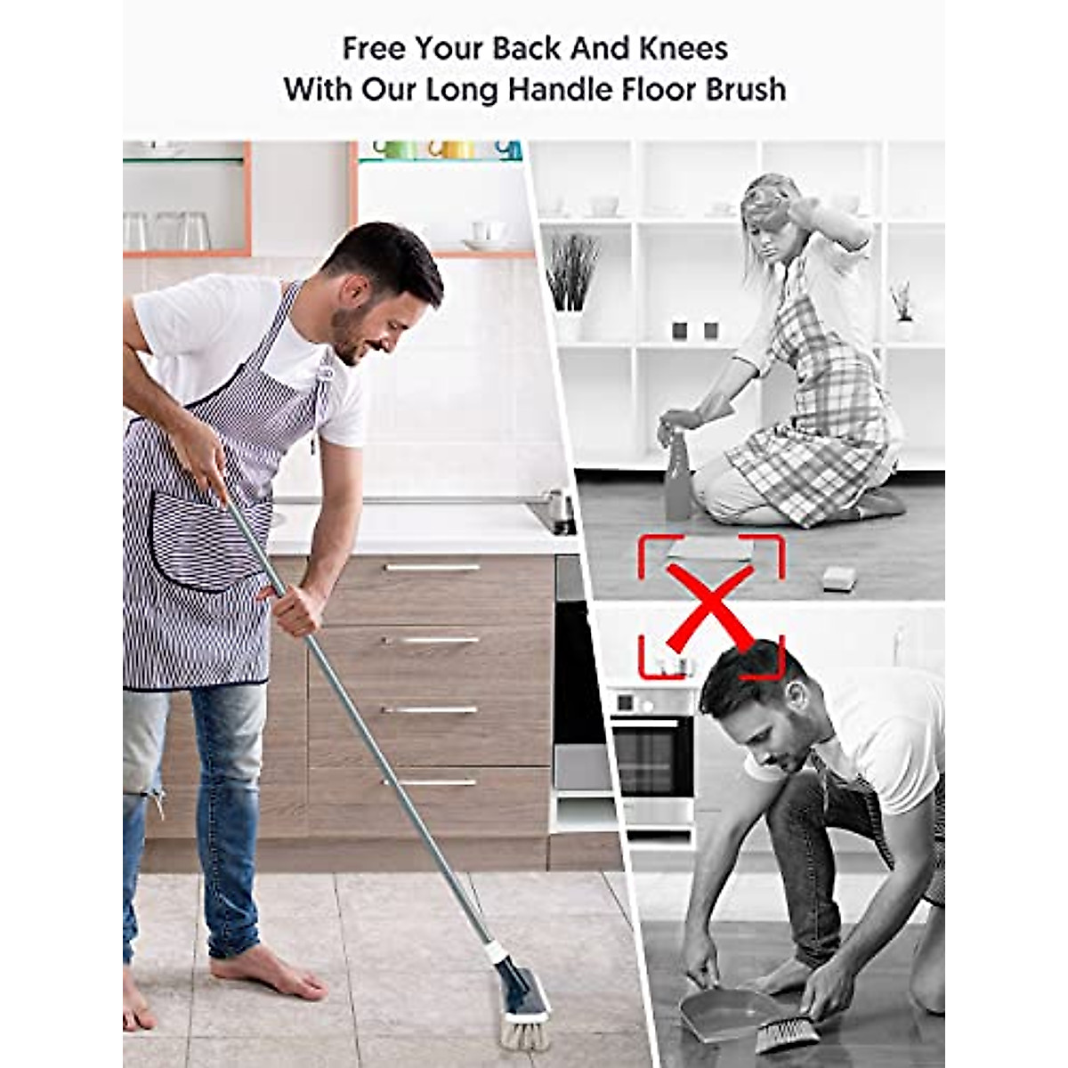 MEXERRIS Floor Scrub Brush with Long Handle - Stiff Carpet Deck Brush 2 in 1 Floor Scrubber Cleaning Grout Brush for Tile, Bathroom, Shower, Sink, Bathtub, and Kitchen Surface - Gray