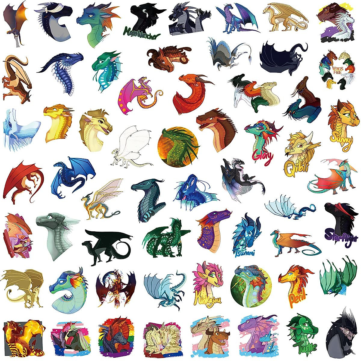 Cute Wings of Fire Dragon Stickers,60 Pack Fire Pterosaur Waterproof Vinyl Decals for Kids Teens Adults,Sticker for Laptop Water Bottle Skateboard Helmet(WOF Dragon)