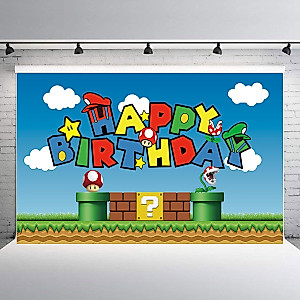 Mario Happy Birthday Party Backdrop, Baby Shower Cake Table Decoration Supplies, Mario Themed Banner (5X3FT)