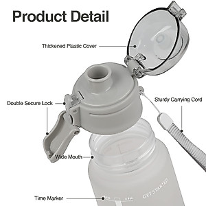 Qidordour Sports Water Bottle, 32oz Motivational Water Bottles with Time Marker & Carry Strap, Leakproof Flip Top Drinking Bottle, BPA-free, Reusable Plastic Jug For Fitness Gym, Gradient Grey