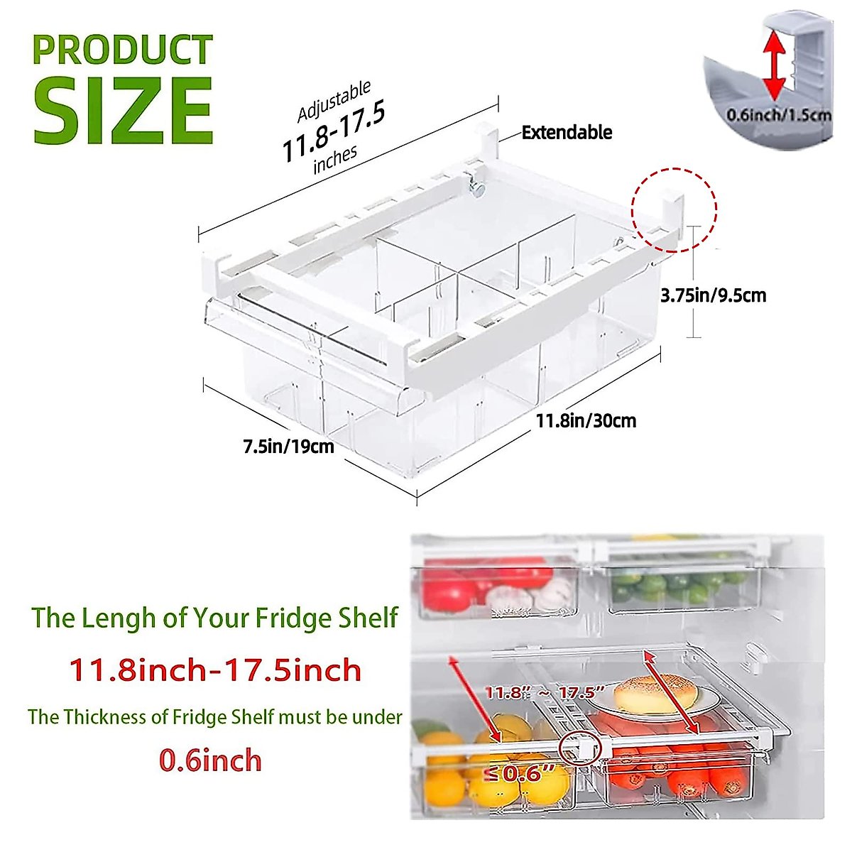 FineNoke Fridge Drawer Organizer,Refrigerator Organizer Bins,Fridge Storage Box Shelf Holder,Pull Out With Handle,Clear Container For Food,Drinks,Fit for Fridge Shelf Under 0.6" (2-Pack,4-grid)