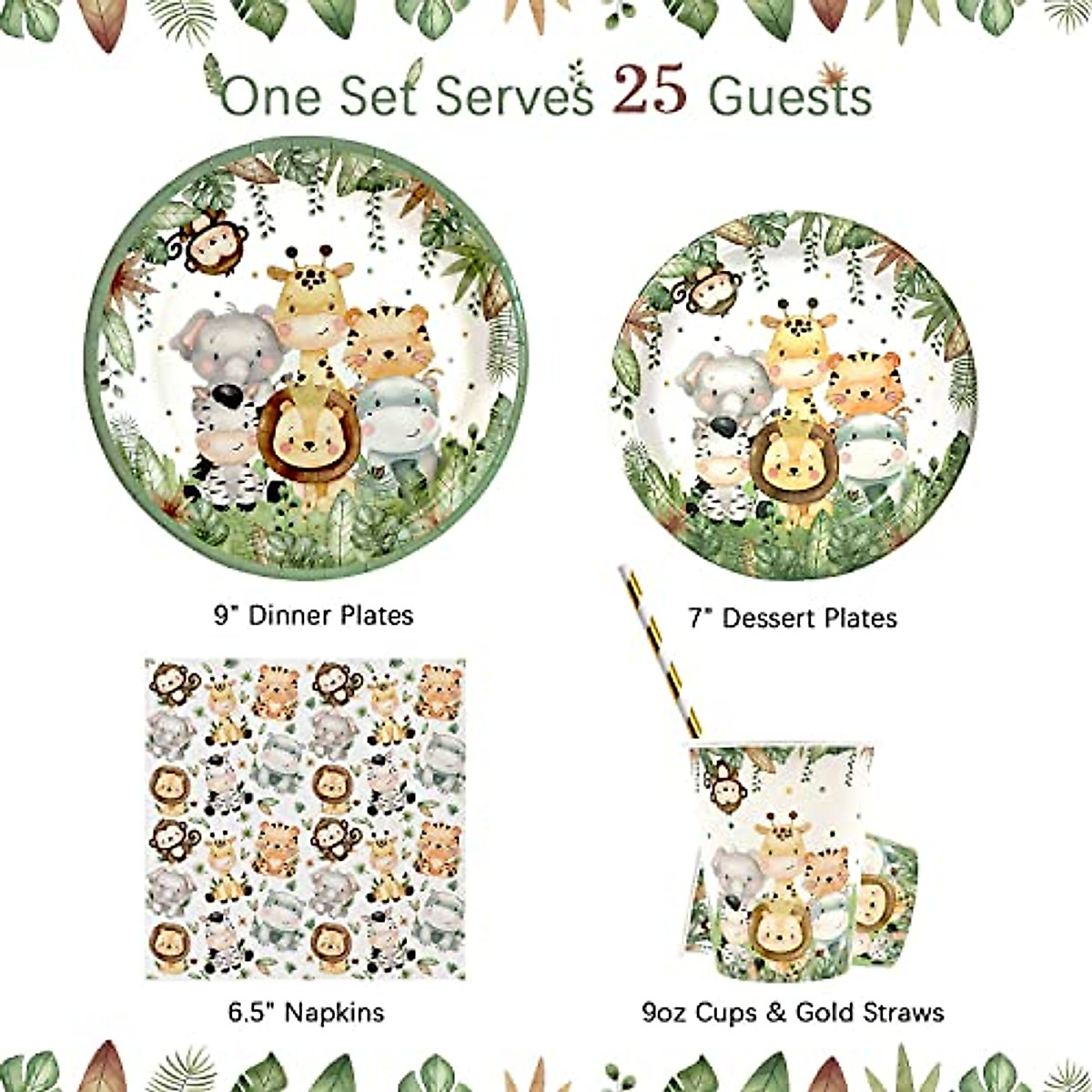 Safari Jungle Baby Shower Plates Set Decorations Boy Birthday Party Supplies Serves 25,Sage Green Plates Napkins Cups and Straws Animals Theme Disposable Tableware Set