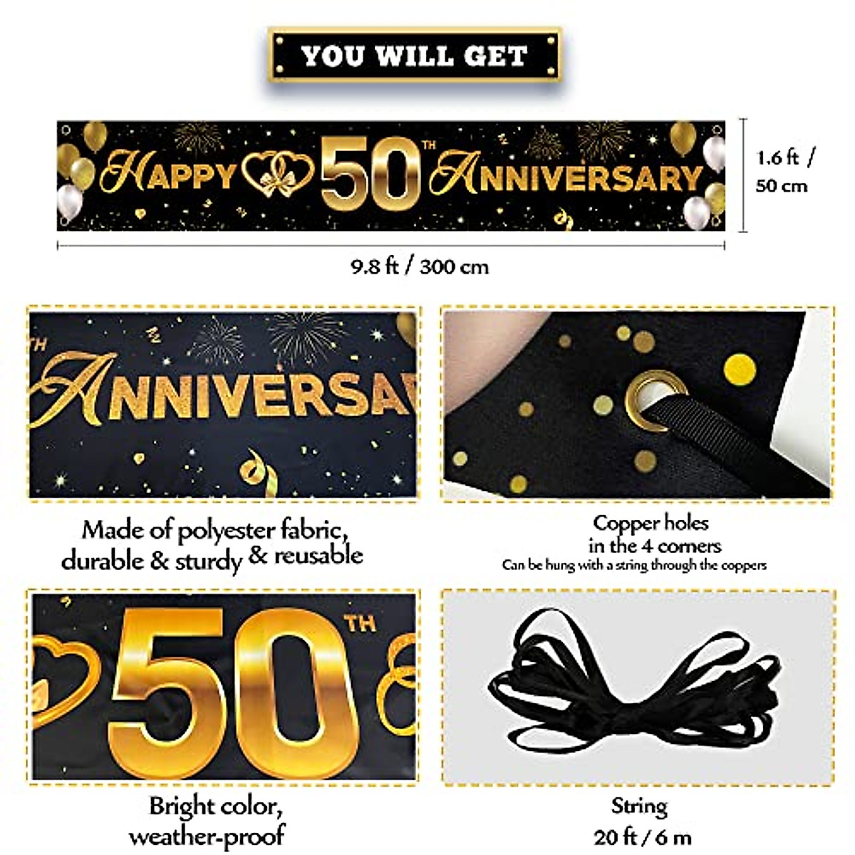 50th Wedding Anniversary Yard Sign Banner Decorations, Golden Happy 50th Anniversary Decorations Backdrop, 50 Years Anniversary Party Supplies Gold for Outdoor Indoor, Sturdy Fabric Vicycaty
