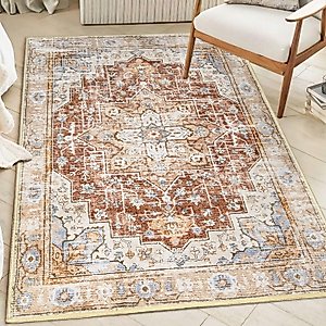 TANVILL Area Rug 3x5 Boho Washable Rug, Vintage Soft Rug Non Slip Floor Carpet for Living Room Kitchen Bedroom Entryway, Orange
