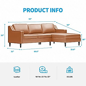 Mjkone Leather Sectional Sofa Couch, Luxurious Sectional Couches for Living Room, L Shaped Couch Sofas with Optional Right Facing Style/Unique Stress Design/Easy to Assemble (Cognac Tan)