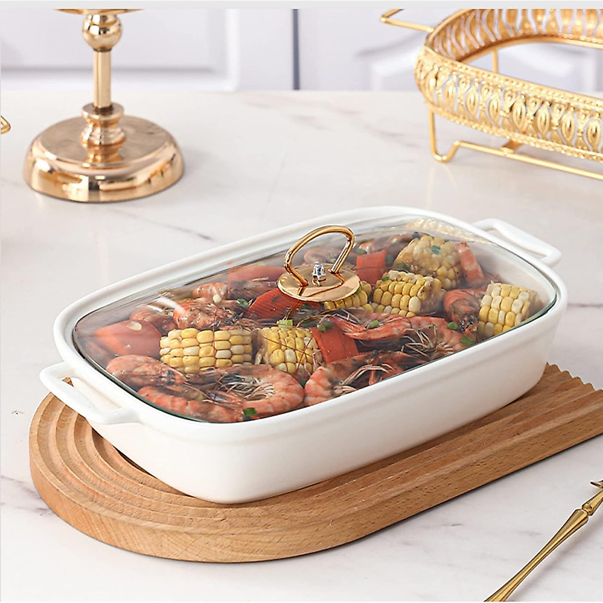 HONHPD 3 Pieces Set Gold Ceramics Chafing Dish Buffet Set, Full Size Chafers and Buffet Warmers W/Glass Lid, Underglaze Rectangle Food Warming Tray for Weddings Party（11inch, 13inch, 15inch）