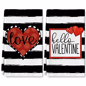 AnyDesign Valentine's Day Kitchen Towel Love Hello Valentine Dish Towel 18 x 28 Inch White Black Stripes Hand Drying Tea Towel for Wedding Anniversary Cooking Baking, Set of 2