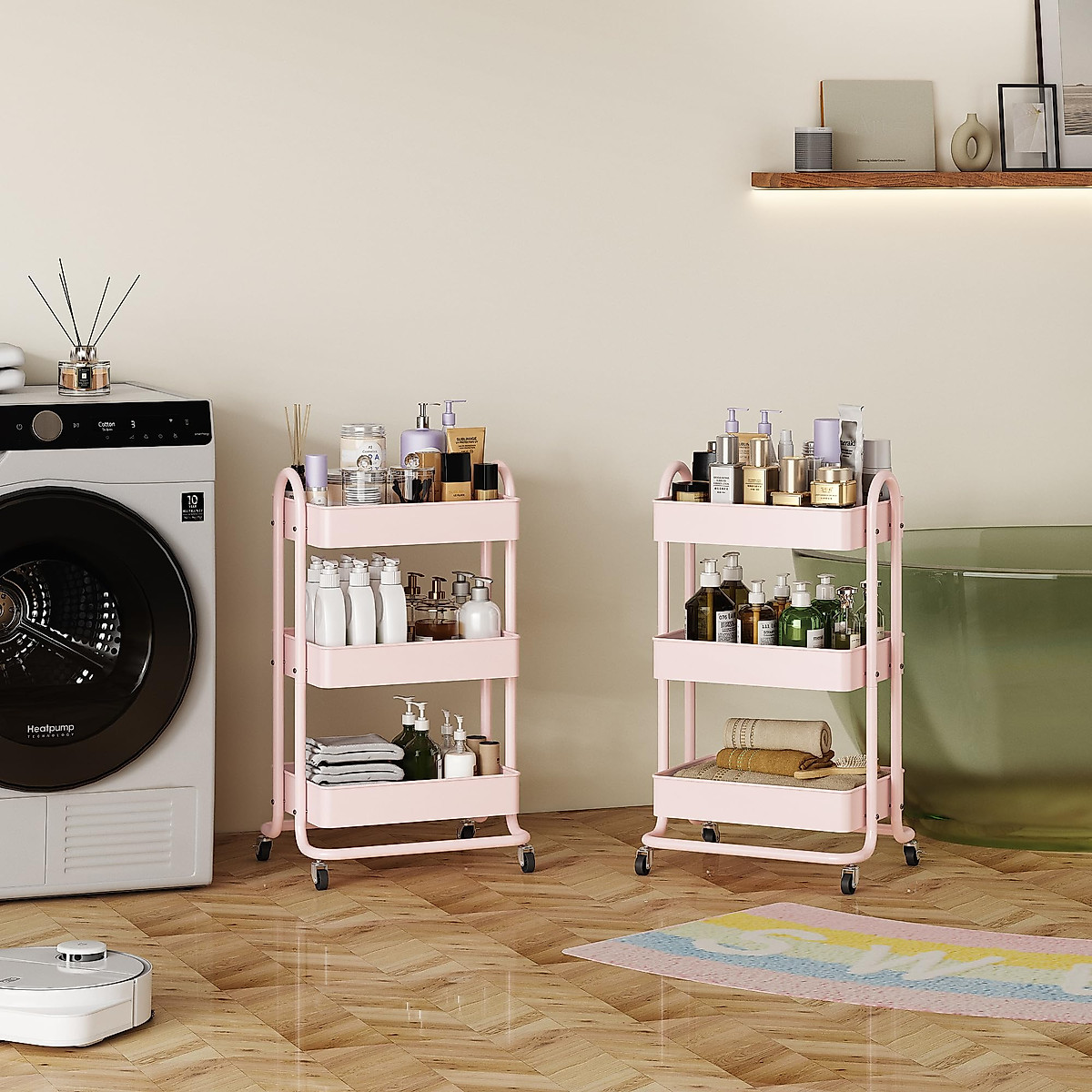 MIOCASA 3-Tier Metal Utility Rolling Cart, Heavy Duty Multifunction Cart with Lockable Casters, Easy to Assemble, Suitable for Office, Bathroom, Kitchen, Garden (Pink)