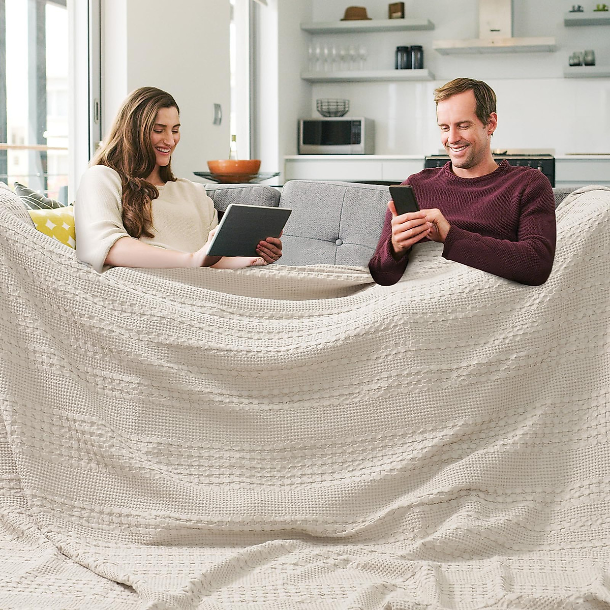 PHF 100% Cotton Waffle Blanket Oversized King 120"x120", Lightweight Breathable Extra Large 10'x10' Blankets for Bed, Giant Big Luxury Aesthetic Woven Bedding for Home Decor, Oatmeal