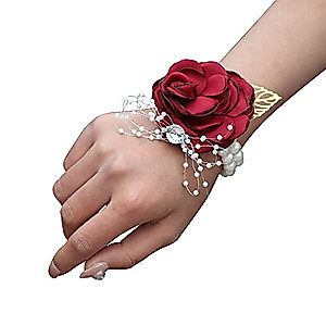 WANLIAN Bridesmaid Wrist Corsage Wedding Flowers Hand Flower Homecoming Corsage for Wedding Party Prom Groom Wedding Party Set of 2 (red)