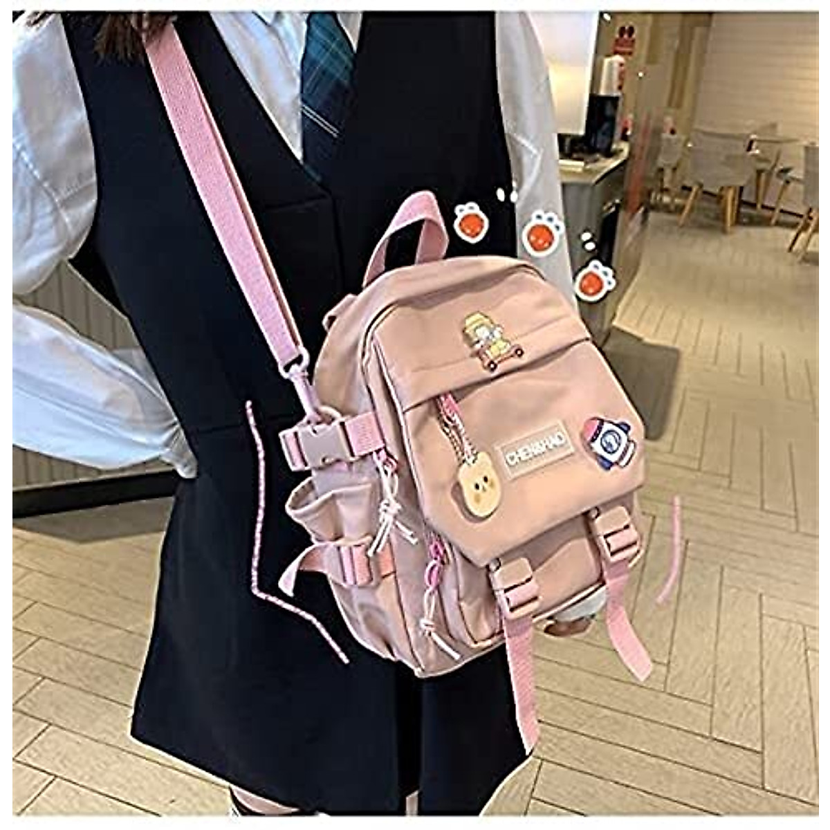 Fashion Girl School Bag Kawaii Backpack Waterproof Nylon with Kawaii Pendant Backpack Portable (Color : Pink)