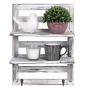 RHF Rustic Wall Shelf, Wood Wall Shelves, Hanging Shelf Organizer Rack, Decorative Floating Shelves for Living Room, Bathroom, Kitchen, Office - 2 Hooks 2-Tier (White)