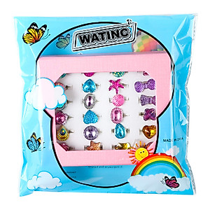 WATINC 24Pcs Adjustable Princess Pretend Jewelry Rings, Girl’s Jewelry Dress Up Play Toys, Rhinestone Gift Set in Box for Little Girls, No Duplication Diamond Ring for Children, Party Favors for Kids