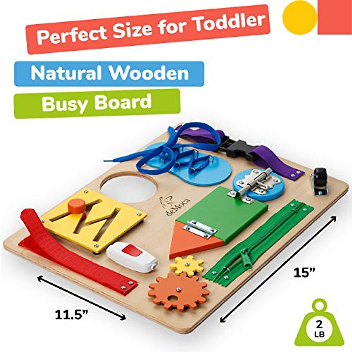 deMoca Busy Board for Toddlers, Montessori Toy for 3 Year Old with 10 Educational Toddler Activities to Develop Fine Motor Skills, Learning Wooden Travel Toy for Plane and Car Journey