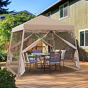 EAGLE PEAK 10x10 Slant Leg Easy Setup Pop Up Canopy Tent with Mosquito Netting 64 sqft of Shade, Beige