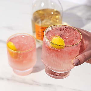 TRUE Viski Meridian Lowball Glasses Set of 2 - Premium Crystal Clear Vintage Drinking Tumblers for Whiskey, Scotch & Bourbon in Art Deco Ripple Glassware Design, Gold Rimmed Gift Set, 12 oz.