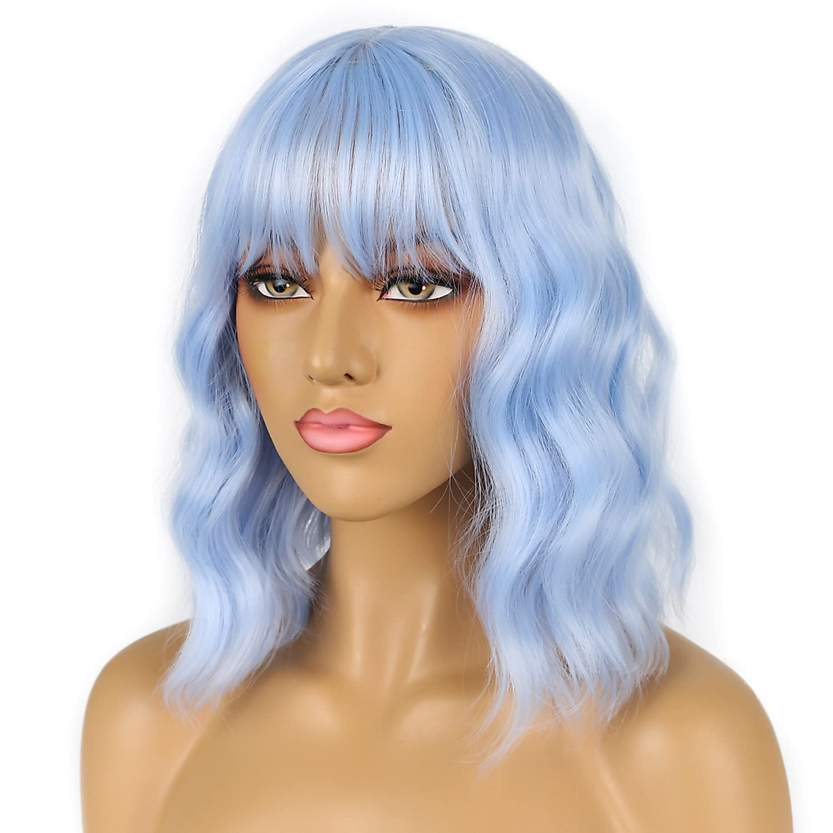 LANCAINI Short Bob Wigs with Bangs for Women Loose Wavy Wig Curly Wavy Shoulder Length Bob Synthetic Cosplay Wig for Girl Colorful Costume Wigs (Light Blue)