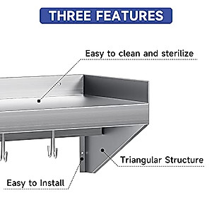 Halamine Stainless Steel Shelf, Metal Shelf 24 * 12 in, Stainless Shelf Wall Mounted Steel Floating Shelf with 5 Hook for Kitchen, Restaurant, Home, Bar, Laundry Room, Food Truck